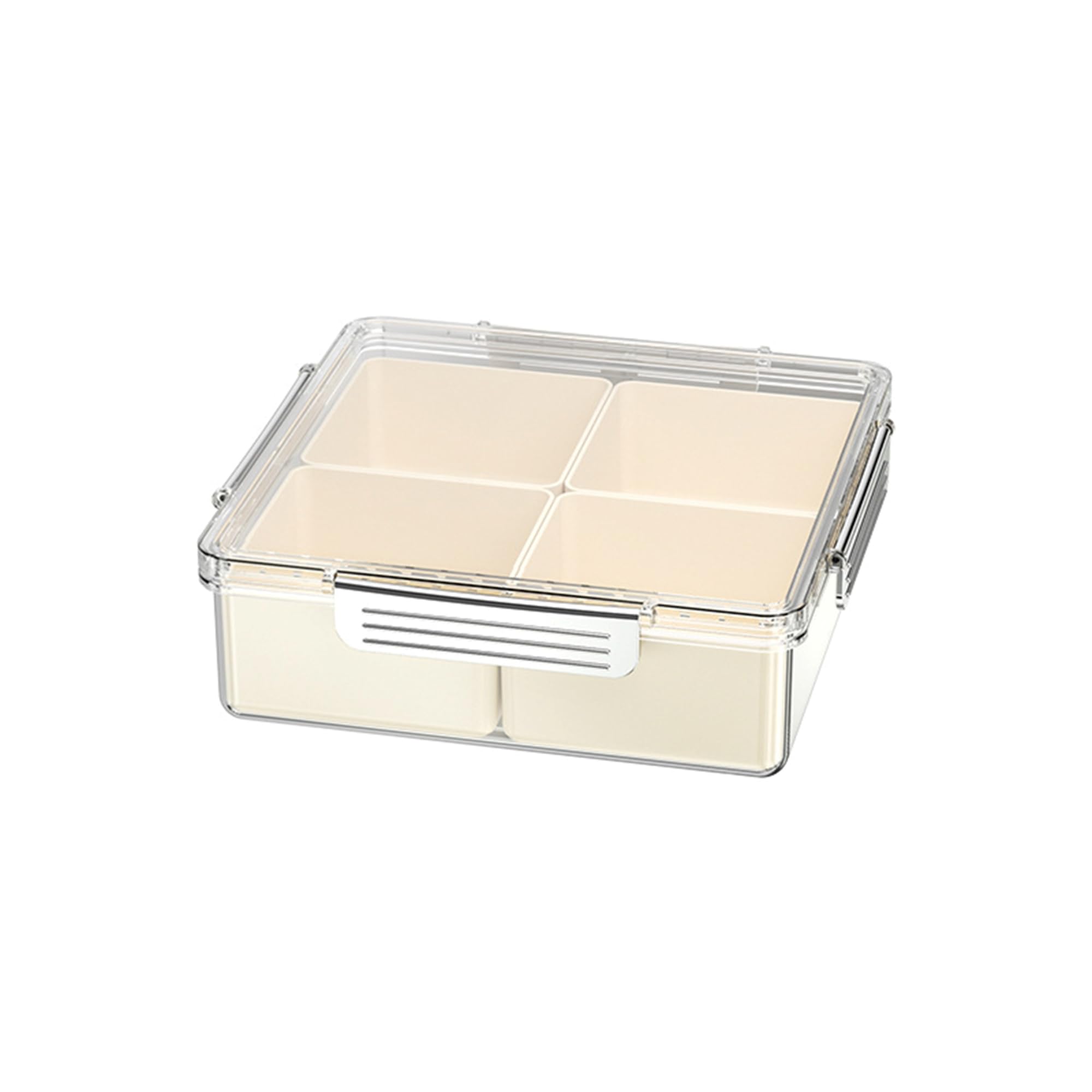 Beige Silver Square Plastic Divided Serving Tray with Lid, 4 Compartments Snack Tray Serving Platter for Biscuits, Fruit, Veggie, Candies and Hot Pot