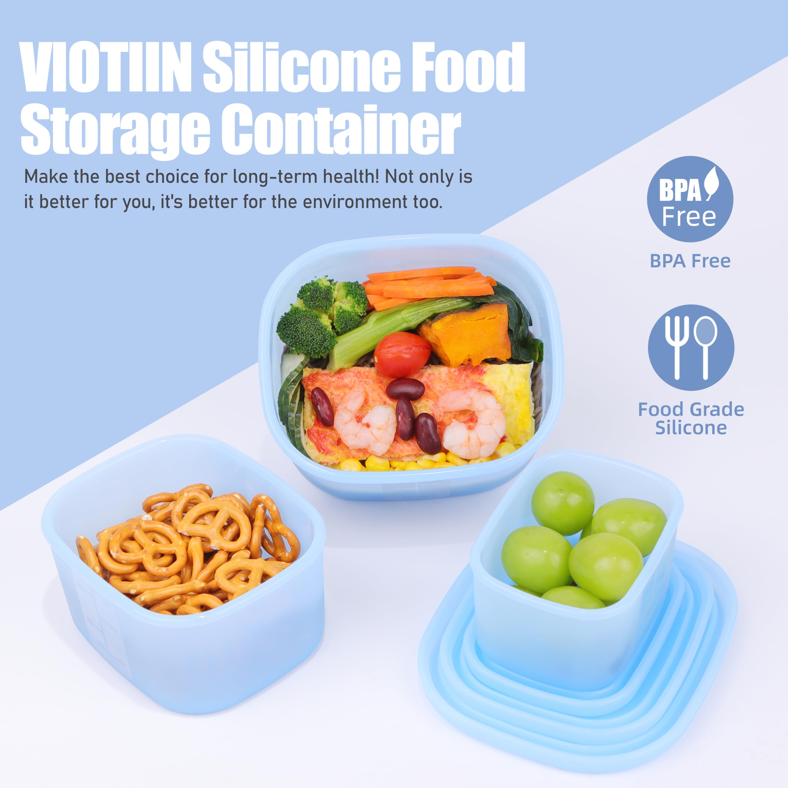 Viotiin Silicone Food Storage Containers with Airtight Lids, Set of 6, 8oz + 16oz + 24oz, Nesting Meal Prep Container for Lunch, Leftovers, Fruits, Dishwasher & Microwave & Freezer Safe, Green + Blue