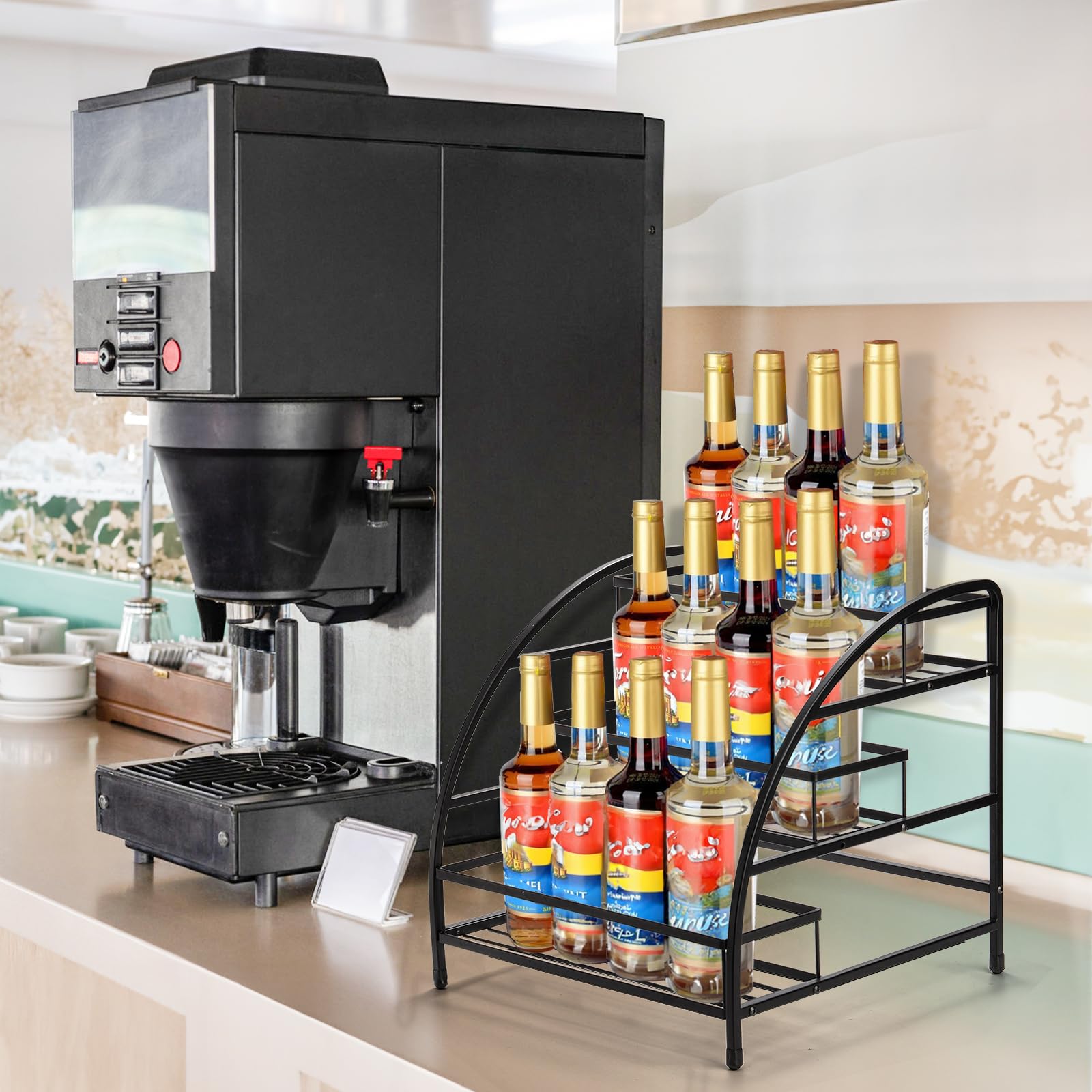 SOUJOY Coffee Syrup Rack Organizer, 9-12 Bottles Wine Holder Stand, 3-Tier Metal Wire Countertop Storage Rack, Freestanding Shelves for Coffee Bar Station, Kitchen, Syrup Wine Dressing Cocktail