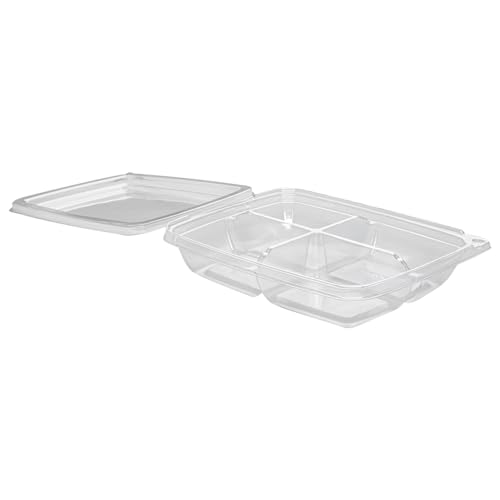 Tamper Tek 13 Ounce Rectangle Take Out Containers, 100 Durable Carryout Containers - Tamper-Evident, Freezable, Clear Plastic To-Go Containers, 4 Compartments, With Hinged Lids - Restaurantware