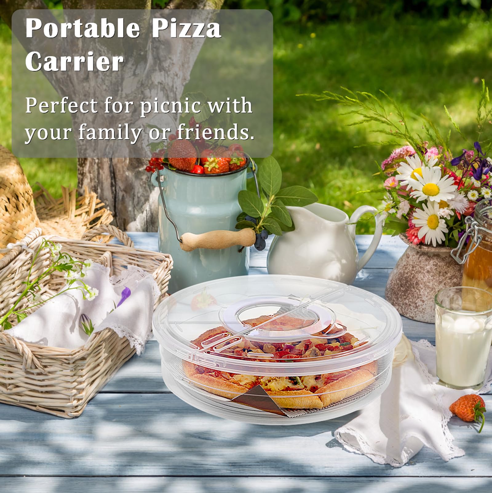 BSTKEY 12 inch Round Pizza Keeper, Food Storage Container with Lid and Handle, Pizza Dough Tray Fits 2-4 Dough Balls, Clear Plastic Food Storage Carrier for Cheese Cake Cupcakes Pies Pastries Fruit