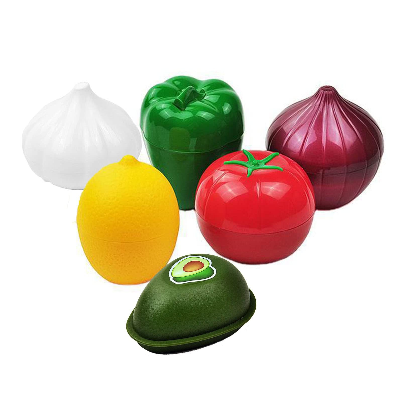 Tiydiygo 6PCS Fresh Food Savers Vegetable Fruit Shape Containers Set,Reuseable Avocado Lemon Tomatoes Pepper Onion Garlic Storage Keeper Sealing Box Fresh Bowls for Refrigerators