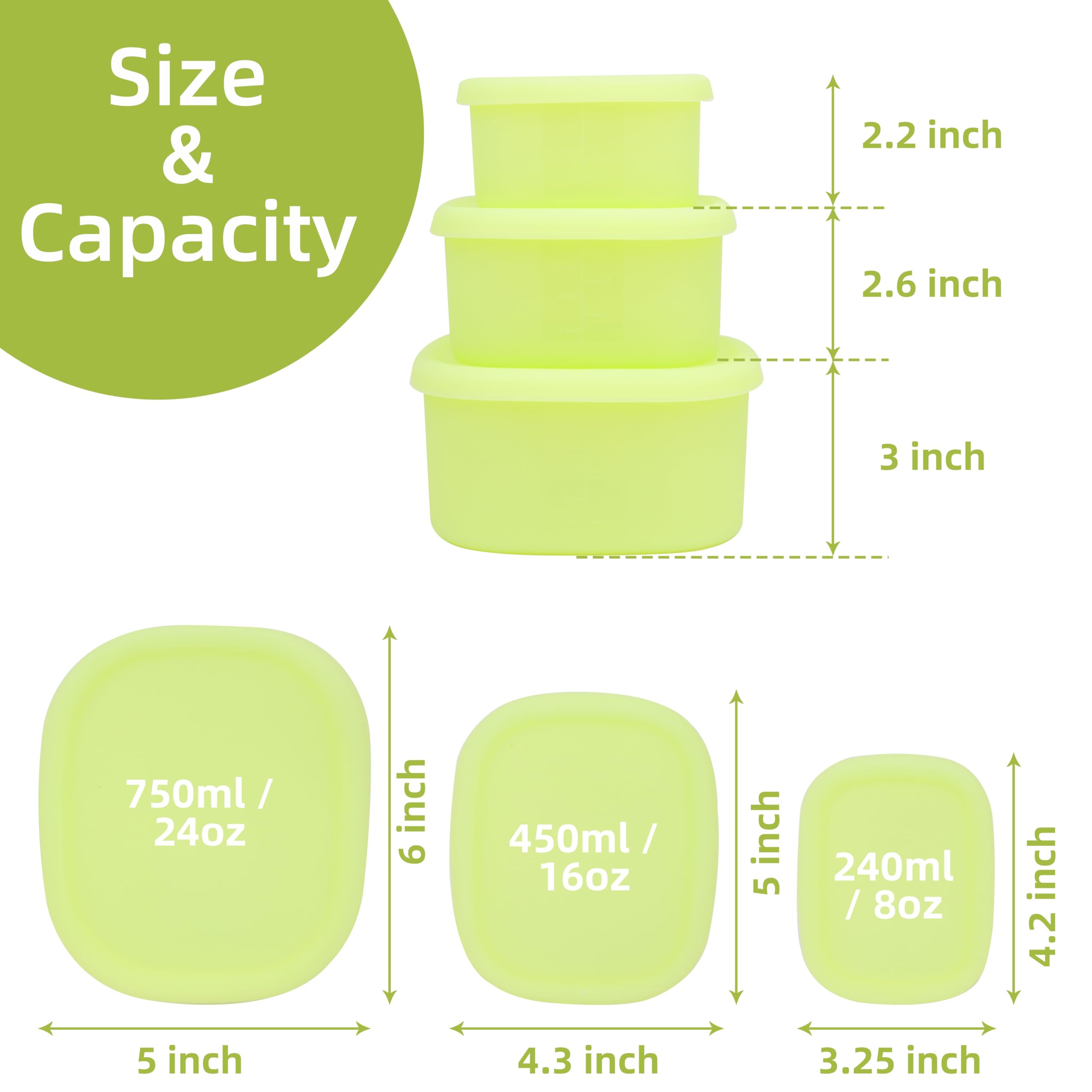 Viotiin Silicone Food Storage Containers with Airtight Lids, Set of 6, 8oz + 16oz + 24oz, Nesting Meal Prep Container for Lunch, Leftovers, Fruits, Dishwasher & Microwave & Freezer Safe, Green + Blue