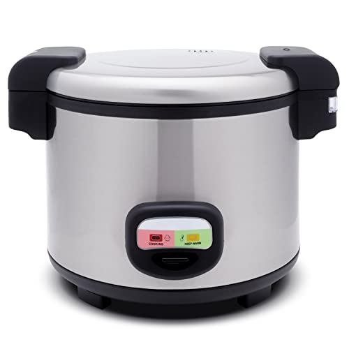 Commercial Stainless Steel Rice Cooker - Professional 60 Cup Cooked (30 Cup Uncooked) Rice Maker Cooker With Non Stick Pot & Hinged Lid - Includes a Rice Measuring Cup & Rice Scoop