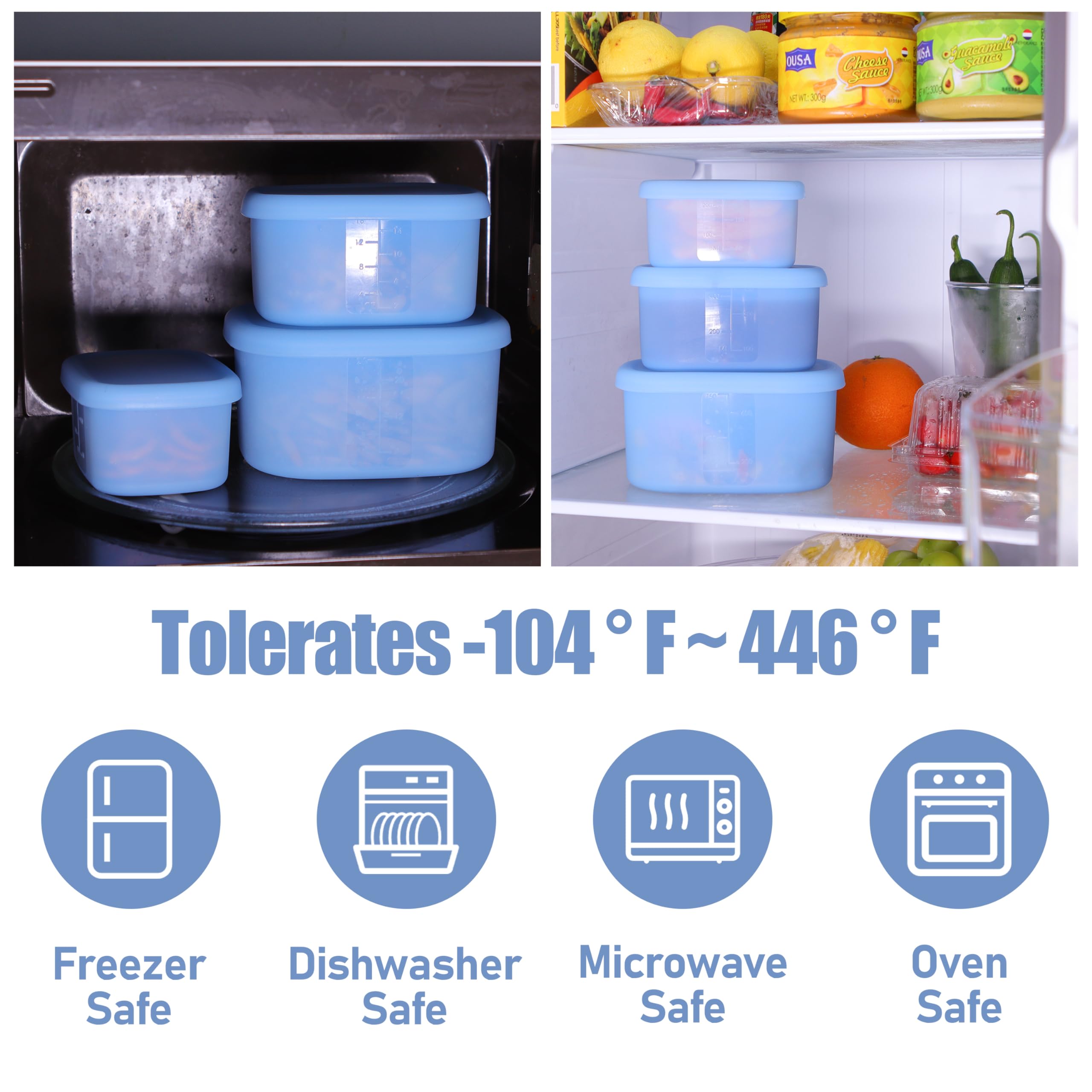 Viotiin Silicone Food Storage Containers with Airtight Lids, Set of 6, 8oz + 16oz + 24oz, Nesting Meal Prep Container for Lunch, Leftovers, Fruits, Dishwasher & Microwave & Freezer Safe, Green + Blue