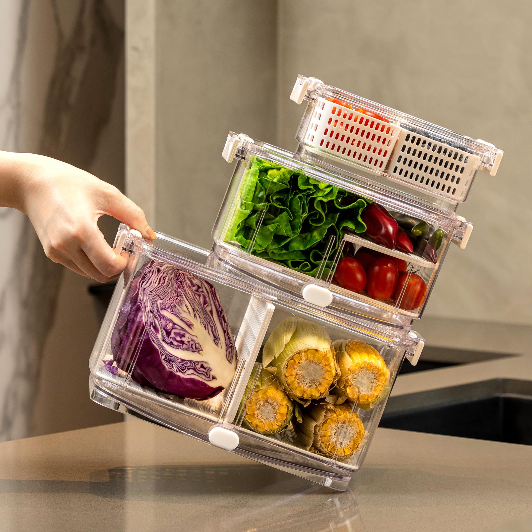 Felli Duo Fresh Produce Saver Container for Fridge + Vent, ALL IN ONE Fruit & Veggie Washing Basket with Drainer, Colander Tray | Kitchen Refrigerator Bin for Berry Vegetable Salad Keeper, Gifts