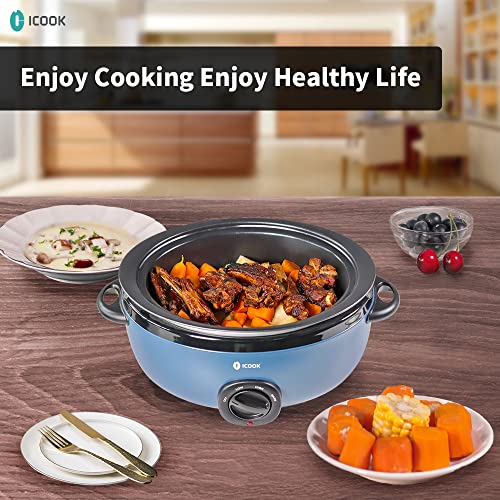 ICOOK USC-65-OP001BL 6.5 Quart Slow Cooker ,Aluminium Sear/Sauté Stew Pot Stovetop safe,Dishwasher Safe,Glass Lid,Adjustable Temp,Food Warmer,BLUE
