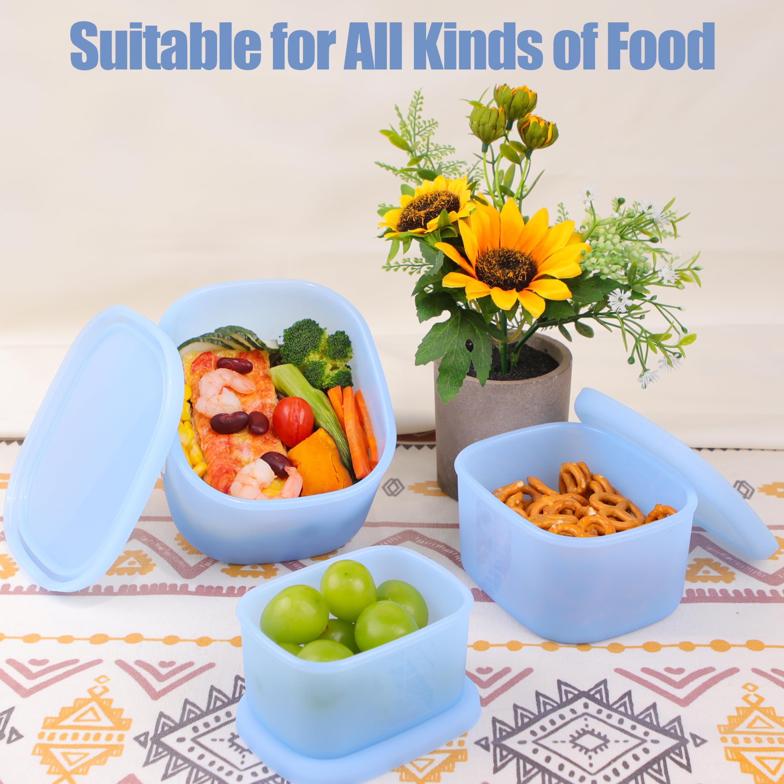 Viotiin Silicone Food Storage Containers with Airtight Lids, Set of 6, 8oz + 16oz + 24oz, Nesting Meal Prep Container for Lunch, Leftovers, Fruits, Dishwasher & Microwave & Freezer Safe, Green + Blue
