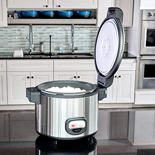 Commercial Stainless Steel Rice Cooker - Professional 60 Cup Cooked (30 Cup Uncooked) Rice Maker Cooker With Non Stick Pot & Hinged Lid - Includes a Rice Measuring Cup & Rice Scoop