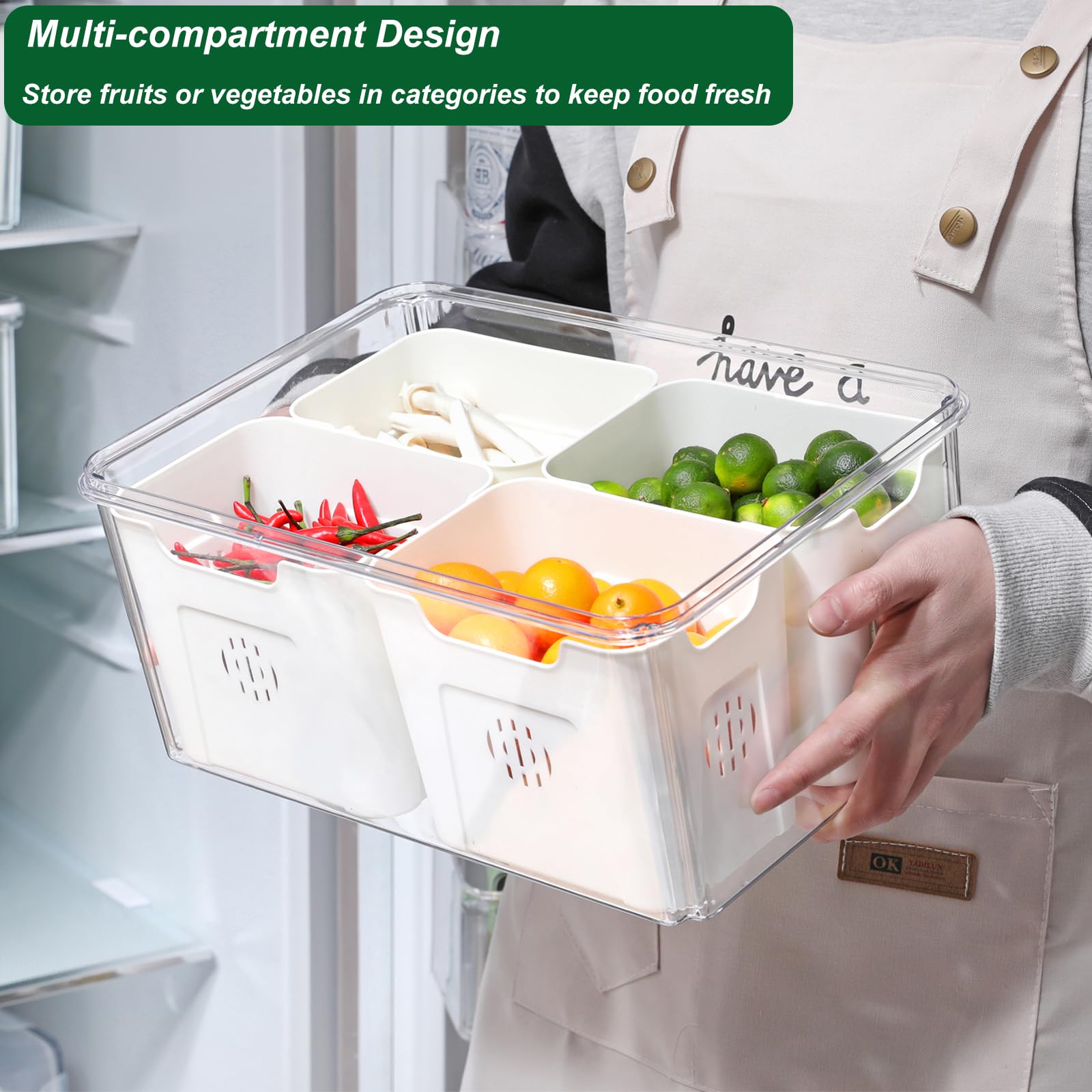 NPXZXC Airtight Fruit Storage Containers with Lids, Fridge Organizer Bins with 4 Removable Baskets, Portable Berry Vegetable Fresh Produce Saver, BPA-Free, Clear