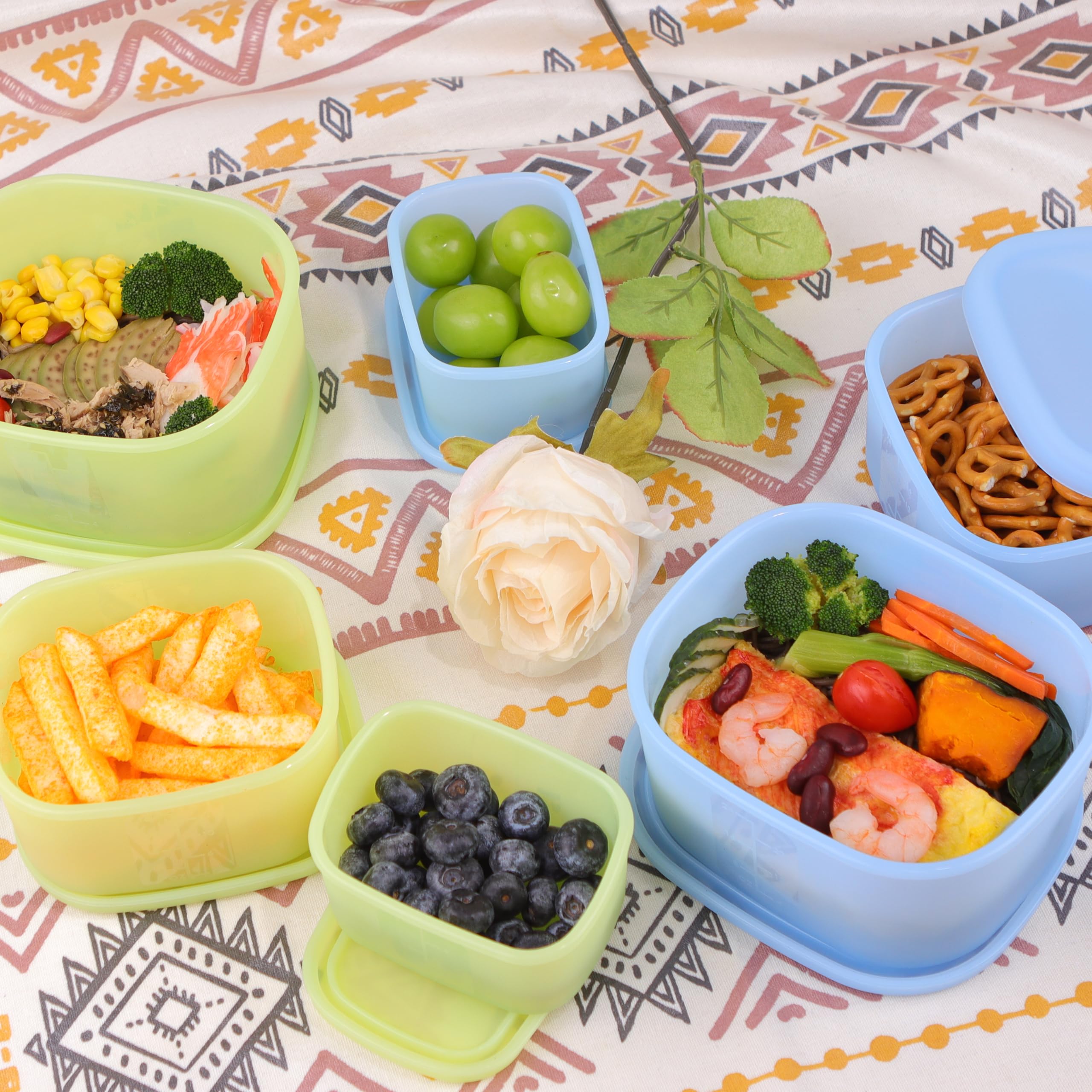 Viotiin Silicone Food Storage Containers with Airtight Lids, Set of 6, 8oz + 16oz + 24oz, Nesting Meal Prep Container for Lunch, Leftovers, Fruits, Dishwasher & Microwave & Freezer Safe, Green + Blue