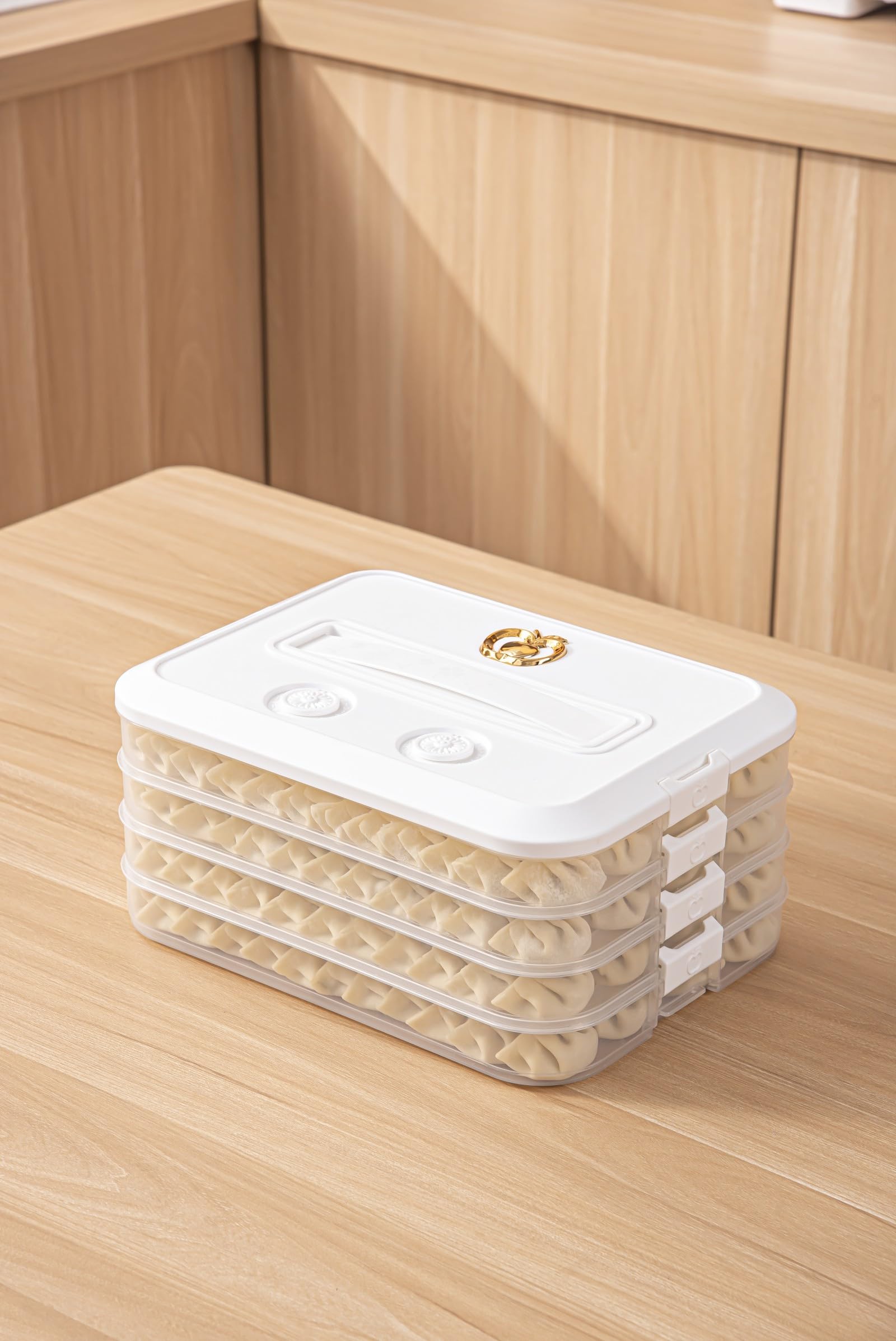Ahathyw 4-Layer Frozen Dumpling Storage with Lids & Timing, Flat Stacks Food Container Icing Cookies Wonton Donuts Box Organizer For Fridge, Keeping Fresh