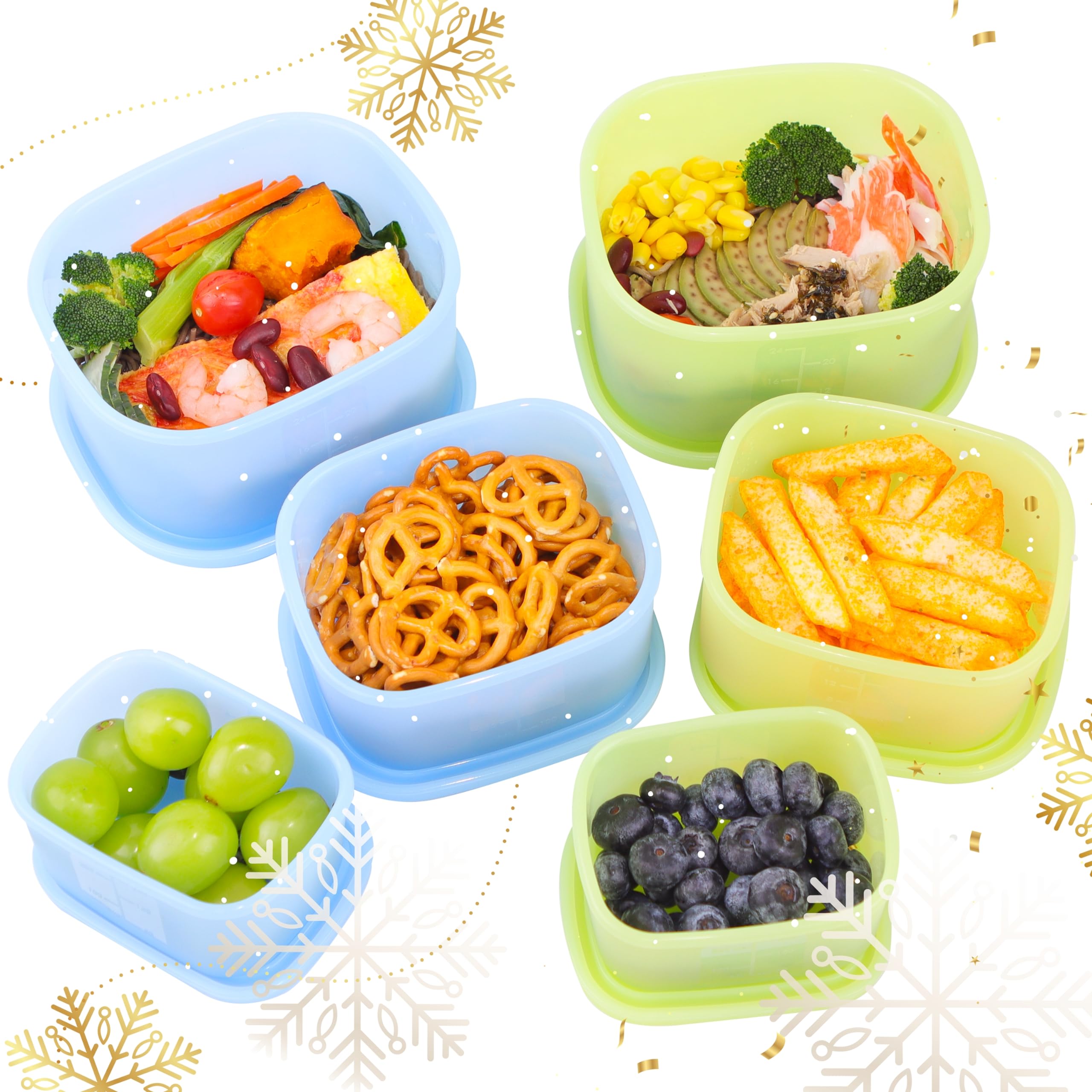Viotiin Silicone Food Storage Containers with Airtight Lids, Set of 6, 8oz + 16oz + 24oz, Nesting Meal Prep Container for Lunch, Leftovers, Fruits, Dishwasher & Microwave & Freezer Safe, Green + Blue