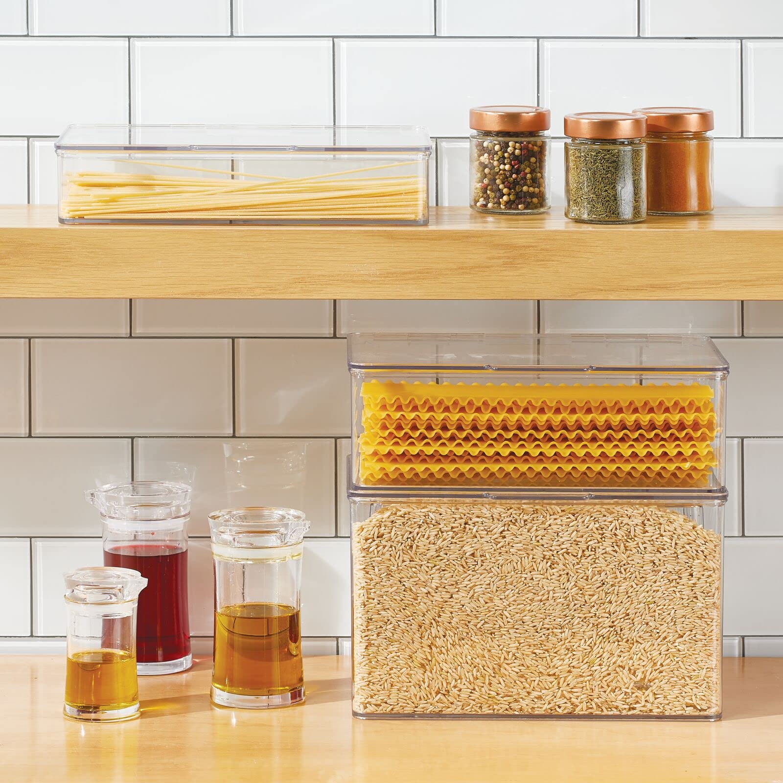 mDesign Plastic Kitchen Pantry and Fridge Storage Organizer Box Containers with Hinged Lid for Shelves or Cabinets, Holds Food, Snacks, Canned Drinks, Seasoning, Condiments - Lumiere Collection, Clear