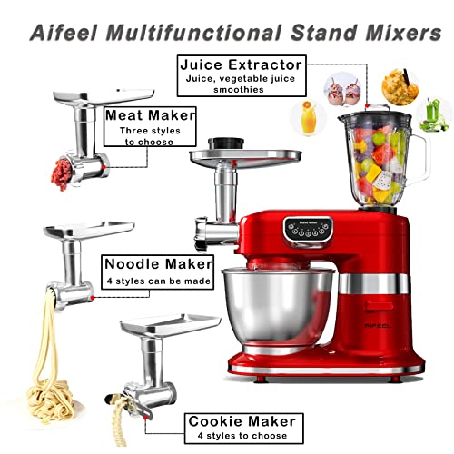 Stand Mixer, 8.5QT 8 in 1 Multifunctional Kitchen Electric Mixer with Dough Hook, Whisk, Beater,Meat Grinder, Blender, Pasta attachment, 5-Speed with LED Key (Red)