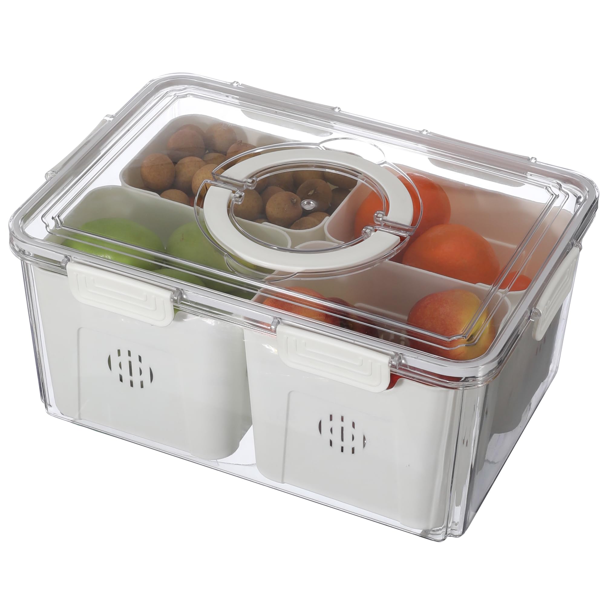 NPXZXC Airtight Fruit Storage Containers with Lids, Fridge Organizer Bins with 4 Removable Baskets, Portable Berry Vegetable Fresh Produce Saver, BPA-Free, Clear