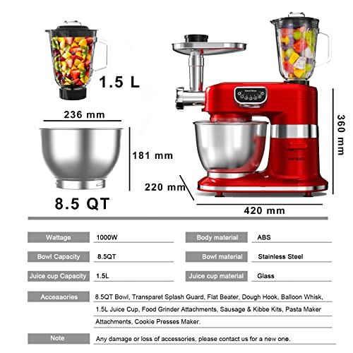 Stand Mixer, 8.5QT 8 in 1 Multifunctional Kitchen Electric Mixer with Dough Hook, Whisk, Beater,Meat Grinder, Blender, Pasta attachment, 5-Speed with LED Key (Red)