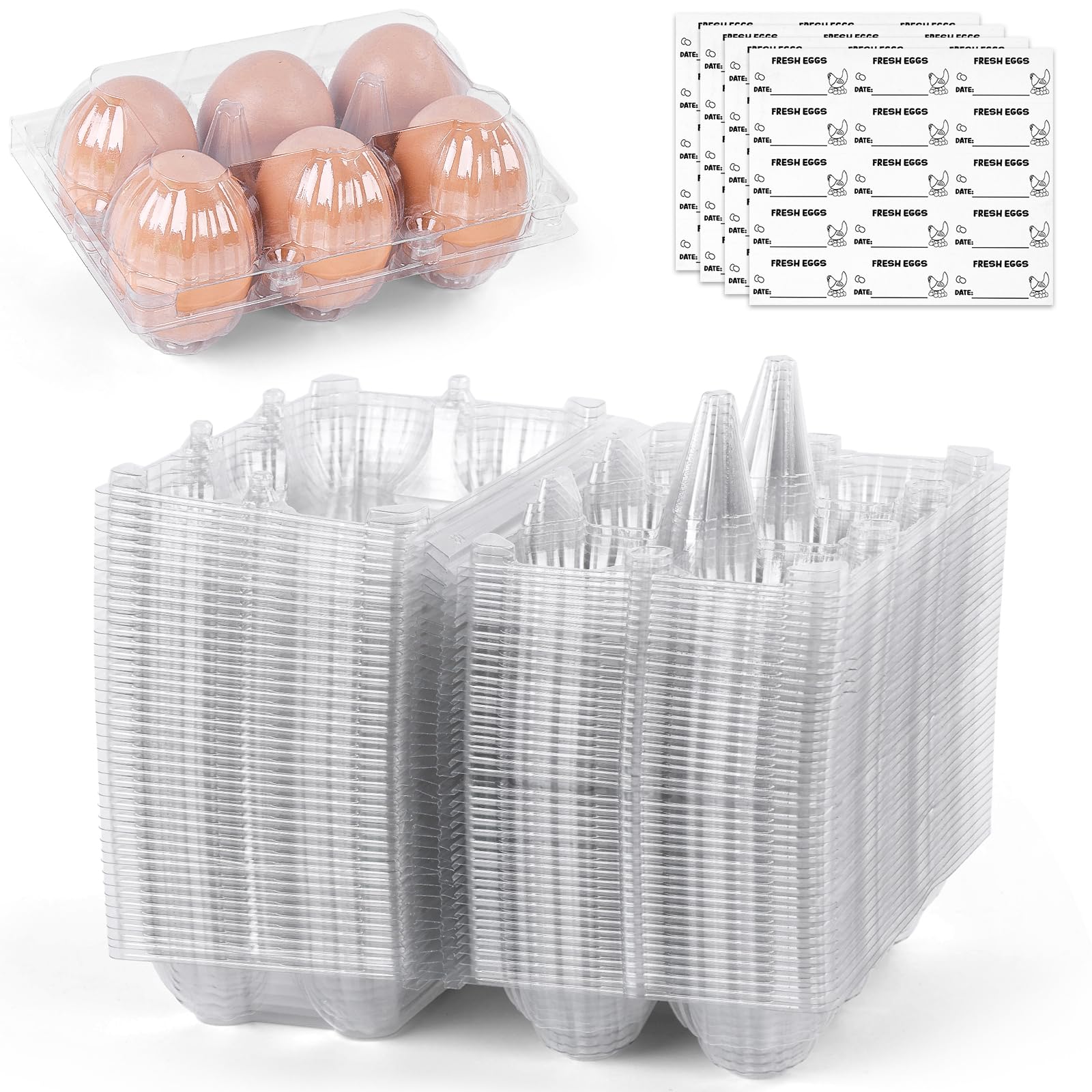 HANSGO Clear Egg Cartons Bulk, Half Dozen Eggs Storage Containers for Home Ranch Chicken Farm Market Display, 60 PCS