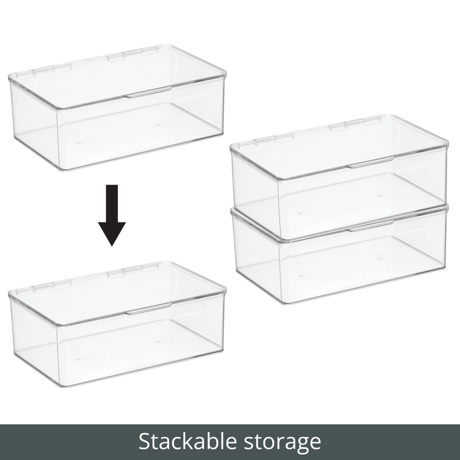 mDesign Plastic Kitchen Pantry and Fridge Storage Organizer Box Containers with Hinged Lid for Shelves or Cabinets, Holds Food, Snacks, Canned Drinks, Seasoning, Condiments - Lumiere Collection, Clear