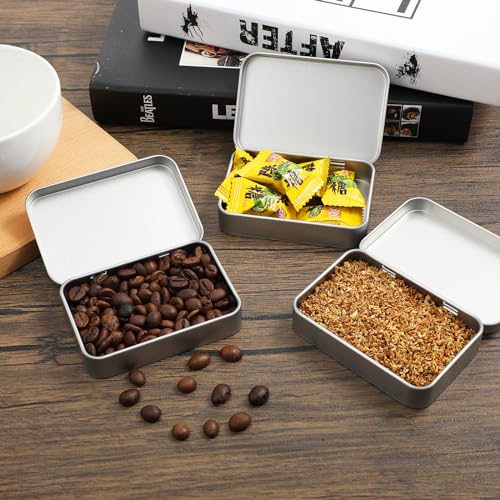 Gjinxi 4 Pcs Tin Box Containers, 3.7 x 2.4 x 0.7 Inch Mini Portable Small Storage Container Kit with Hinge Lids, Metal Box for Home Storage, Organizer Small Tin Box (Silver)