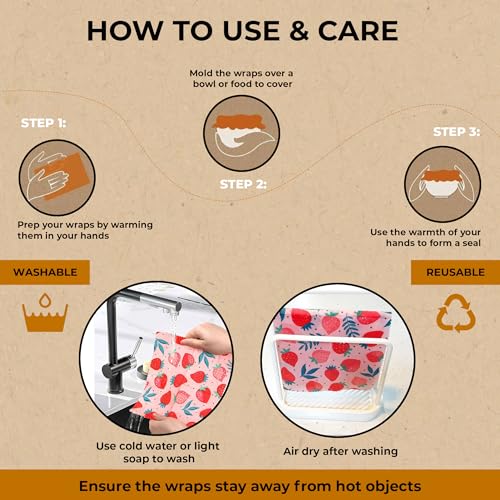 Nacterra 10 Pack Bees Wax Wraps Reusable, Organic Beeswax Wraps for Food, Eco-friendly Beeswax Food Wrap for Bread. Bowl Cover and Produce, Beeswax Sandwich Wraps - 3L, 3M, 4S, Strawberry Pattern