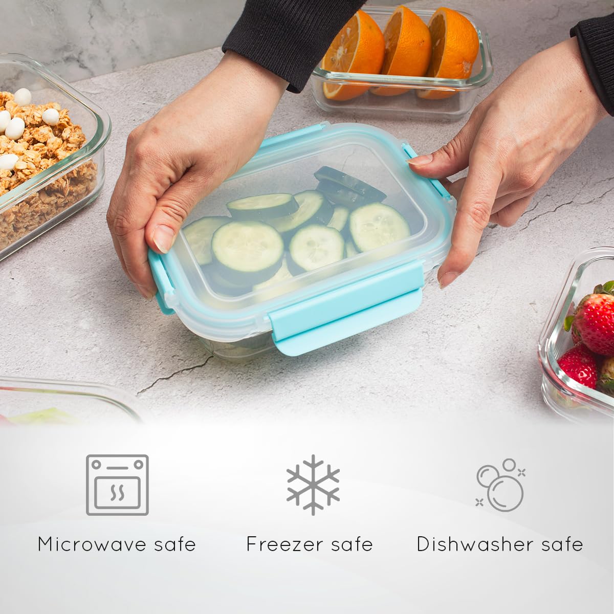 Ceybo 12 Set Air-Tight Glass Food Storage Containers with Snap Lids, Microwave-Safe, for Lunch, Meal Prep and Leftovers (Blue)