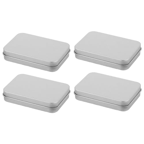 Gjinxi 4 Pcs Tin Box Containers, 3.7 x 2.4 x 0.7 Inch Mini Portable Small Storage Container Kit with Hinge Lids, Metal Box for Home Storage, Organizer Small Tin Box (Silver)