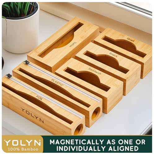 YOLYN Bamboo Kitchen Drawer Organizer Box - Baggie, Foil, Plastic & Wrap Food Storage with Dispensers & Cutters for Gallon, Quart, Sandwich & Snack Bags - 6 Pices set