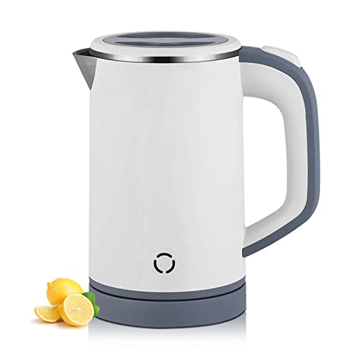 NARBOR Mini Electric Kettle, 0.8L Portable Travel Tea Kettle Stainless Steel Double Layer Hot Water Cordless BPA-Free, 600 W Boil-Dry Protection Boiler and Heater (white), (01)
