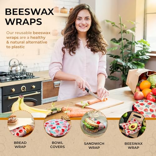 Nacterra 10 Pack Bees Wax Wraps Reusable, Organic Beeswax Wraps for Food, Eco-friendly Beeswax Food Wrap for Bread. Bowl Cover and Produce, Beeswax Sandwich Wraps - 3L, 3M, 4S, Strawberry Pattern