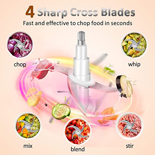 Food Processor 6000mAh Wireless Vegetable Chopper with 5 Cup Glass Bowl, Electric Garlic Meat Choppers BPA-free Baby Food Processors Puree Blender Mini Kitchen Mincer with 4 Blades, 2 Speeds (White)