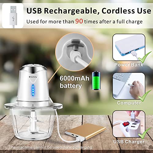 Food Processor 6000mAh Wireless Vegetable Chopper with 5 Cup Glass Bowl, Electric Garlic Meat Choppers BPA-free Baby Food Processors Puree Blender Mini Kitchen Mincer with 4 Blades, 2 Speeds (White)