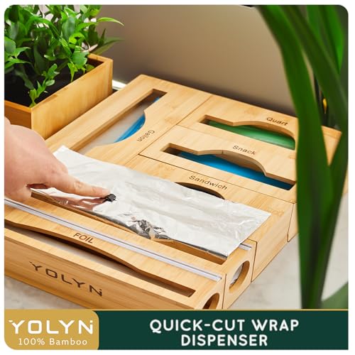 YOLYN Bamboo Kitchen Drawer Organizer Box - Baggie, Foil, Plastic & Wrap Food Storage with Dispensers & Cutters for Gallon, Quart, Sandwich & Snack Bags - 6 Pices set