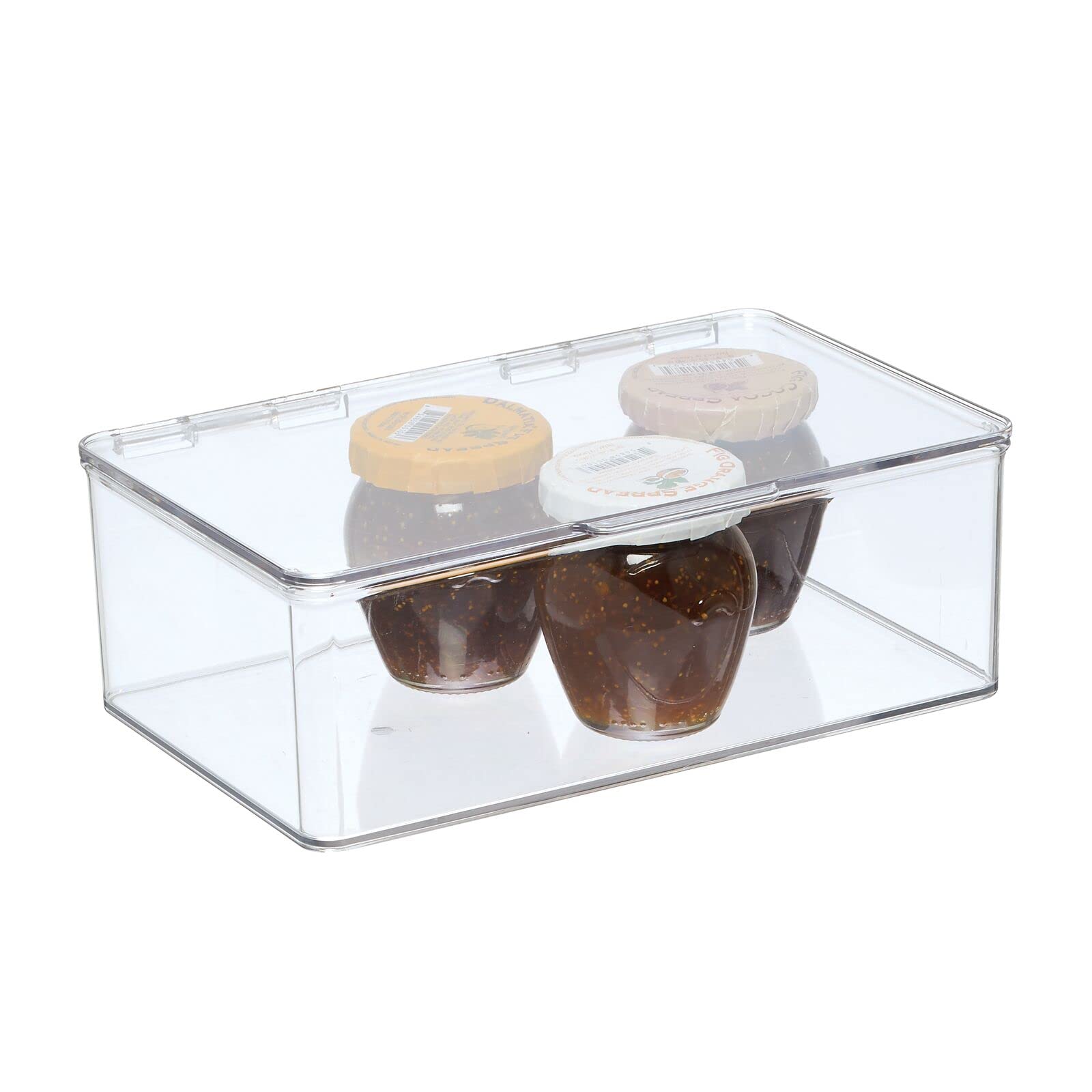 mDesign Plastic Kitchen Pantry and Fridge Storage Organizer Box Containers with Hinged Lid for Shelves or Cabinets, Holds Food, Snacks, Canned Drinks, Seasoning, Condiments - Lumiere Collection, Clear