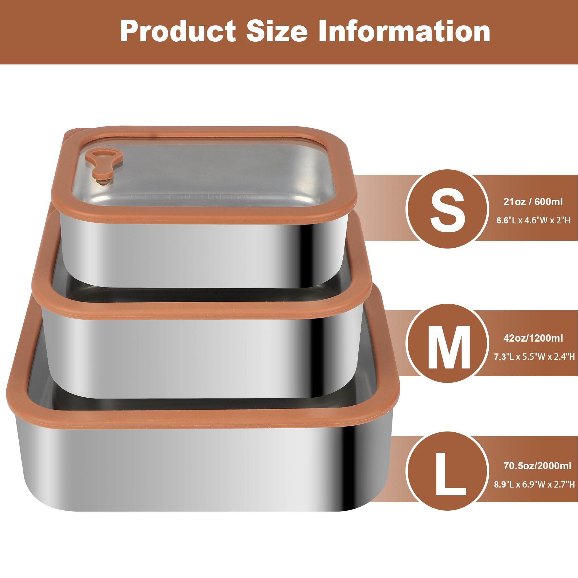 Pulreiush 3pcs Stainless Steel Food Storage Container Set With Lids - Easy Clean, Smell-Proof, Airtight & Leakproof Containers - 3Sizes (21oz/42oz/70oz) - 304 Stainless Steel