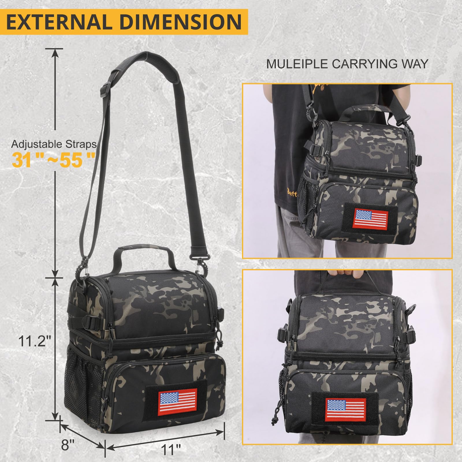 ATRIPACK 2 Compartment Lunch Bag for Men Adult, Tactical Lunch Box Leakproof Insulated Large Cooler Bag for Work with Adjustable Shoulder Strap Flag Double Layer Lunch Pail(Camo-Black)