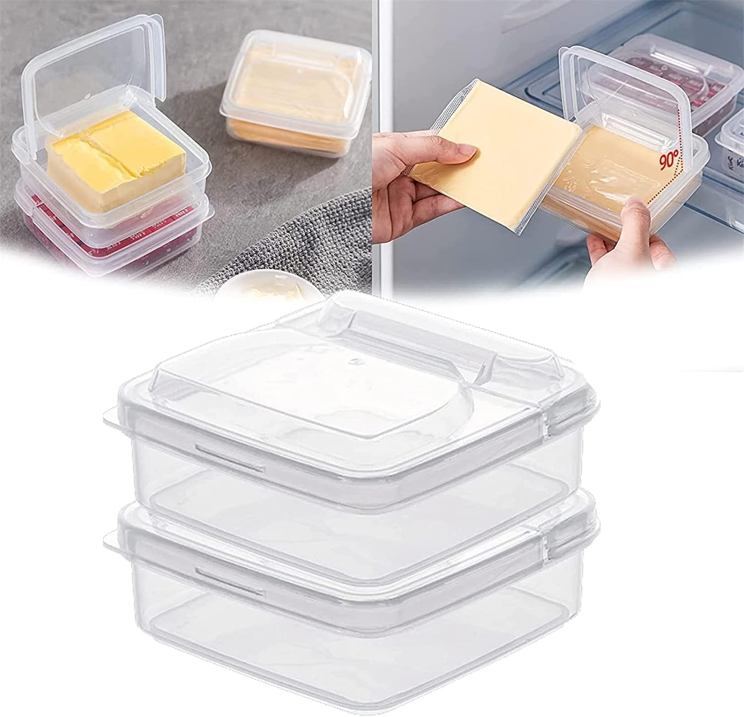 2PCS Sliced Cheese Container for Fridge with Flip Lid,Butter Block Cheese Slice Storage Box,Portable Leakproof Clear Flip Top Storage Box,Vegetable and Fruit Fresh-Keeping Box Food Container Sets