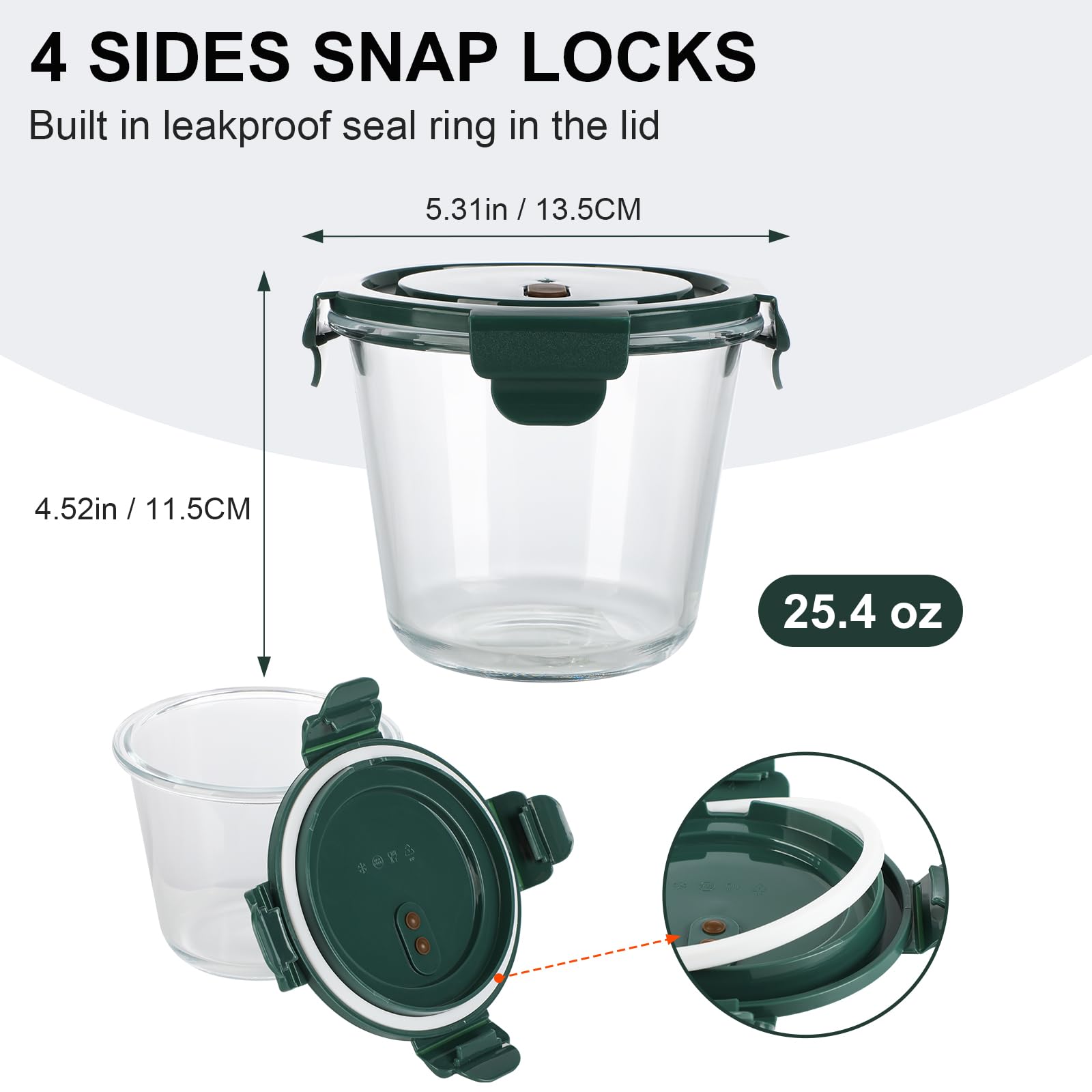 3-Cup/24 Ounce Glass Food Storage Containers, Round Glass Soup Container with Airtight Lids, Leak-proof Soup Stew Food Storage and Meal Prep Container, Microwave Freezer Safe, 2pcs(Pink&Green)