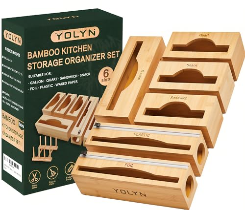 YOLYN Bamboo Kitchen Drawer Organizer Box - Baggie, Foil, Plastic & Wrap Food Storage with Dispensers & Cutters for Gallon, Quart, Sandwich & Snack Bags - 6 Pices set