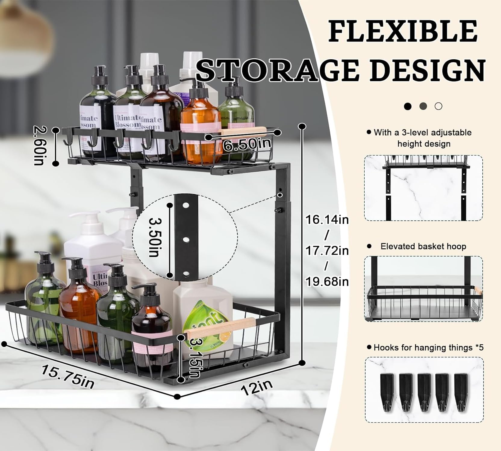 AT1nTen 2 Pack Under Sink Organizer, Sliding Cabinet Basket Organizer 2 Tier Under Bathroom Storage Rack with Hooks, Hanging Cup, Dividers, Multi-purpose Storage Shelf for Bathroom Kitchen, Black