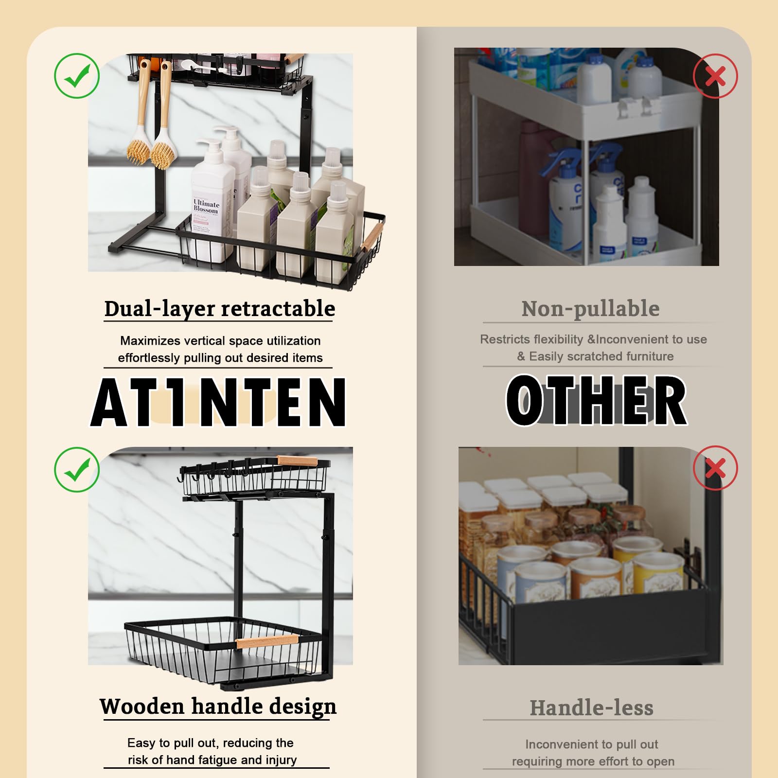 AT1nTen 2 Pack Under Sink Organizer, Sliding Cabinet Basket Organizer 2 Tier Under Bathroom Storage Rack with Hooks, Hanging Cup, Dividers, Multi-purpose Storage Shelf for Bathroom Kitchen, Black