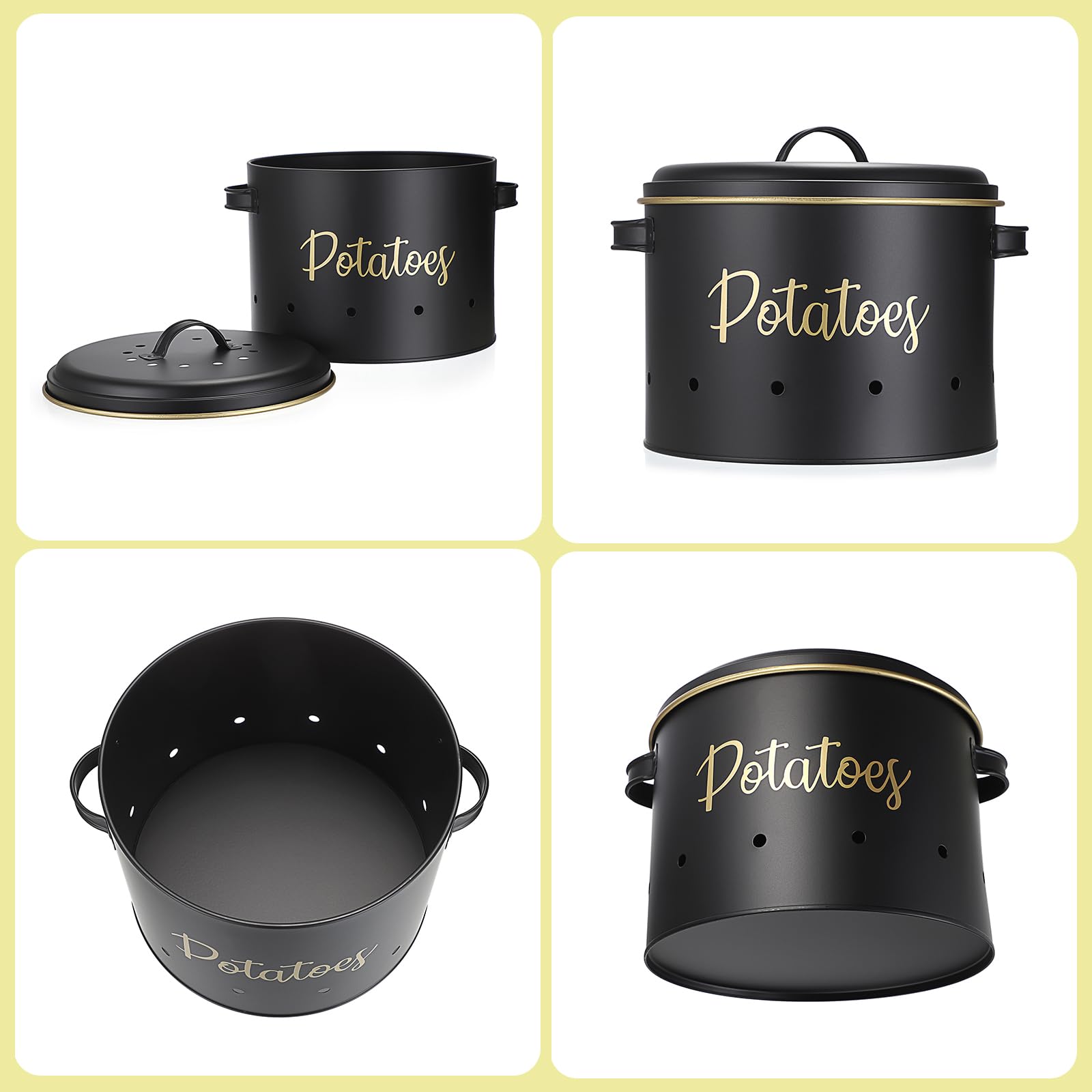 OwnMy Set of 3 Potato Onion Garlic Storage Bins Vegetable Containers Food Containers for Kitchen Counter, Potato Onion Storage Containers for Pantry Garlic Storage Jars Vegetable Canisters Set, Black