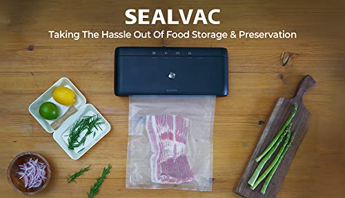 SEALVAC Cordless Vacuum Sealer Machine, Automatic and Compact Design Food Sealer with Vertical Stand, Portable, Sous Vide, Wine & Container Air Sealing Includes 20 Sealing Bags 8"X12" (Black (with vertical stand))