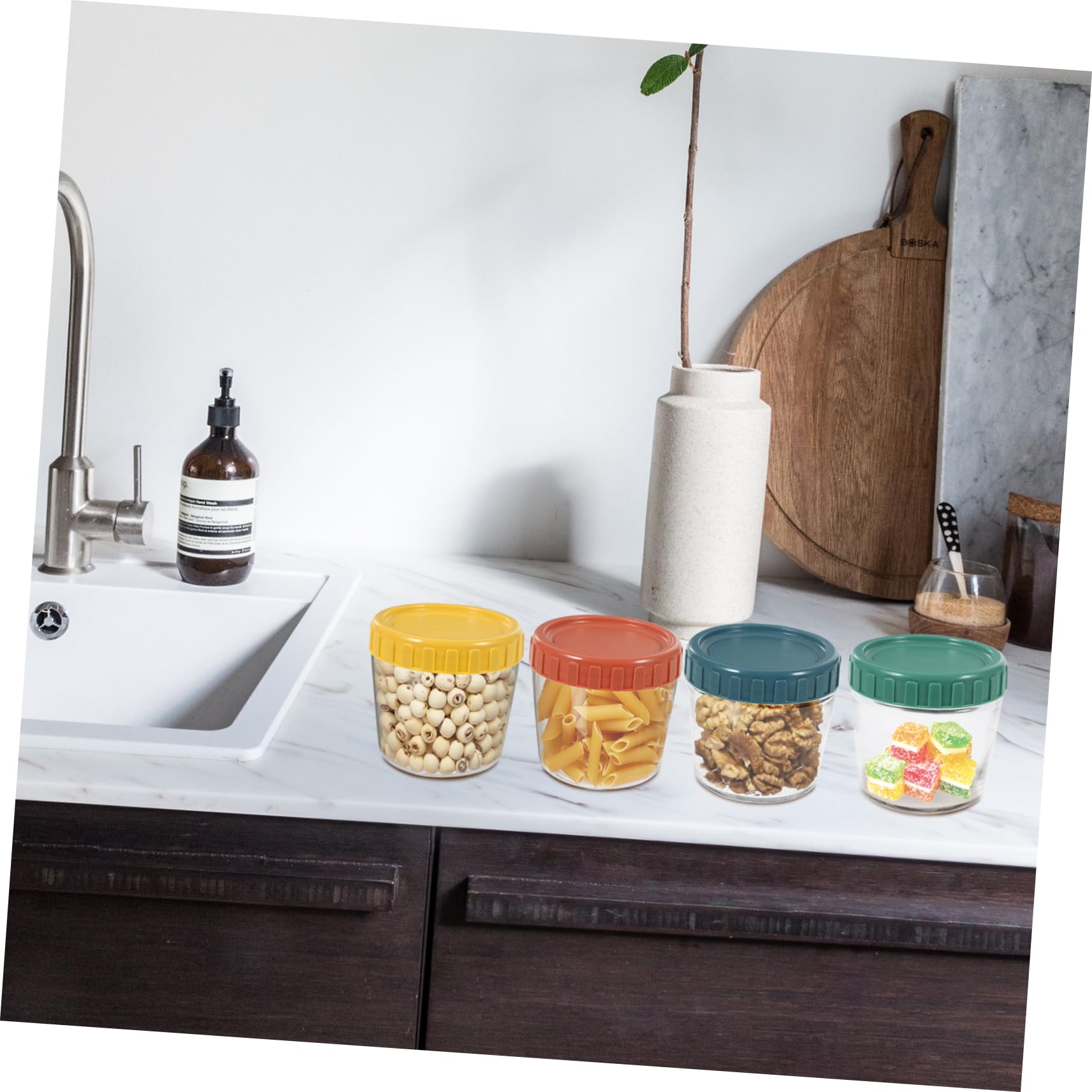 KICHOUSE 4Pcs Leakproof Glass Food Storage Containers with Lids Reusable Yogurt Cups Airtight Glass Jars for Snacks Meal Prep and Kitchen Organization