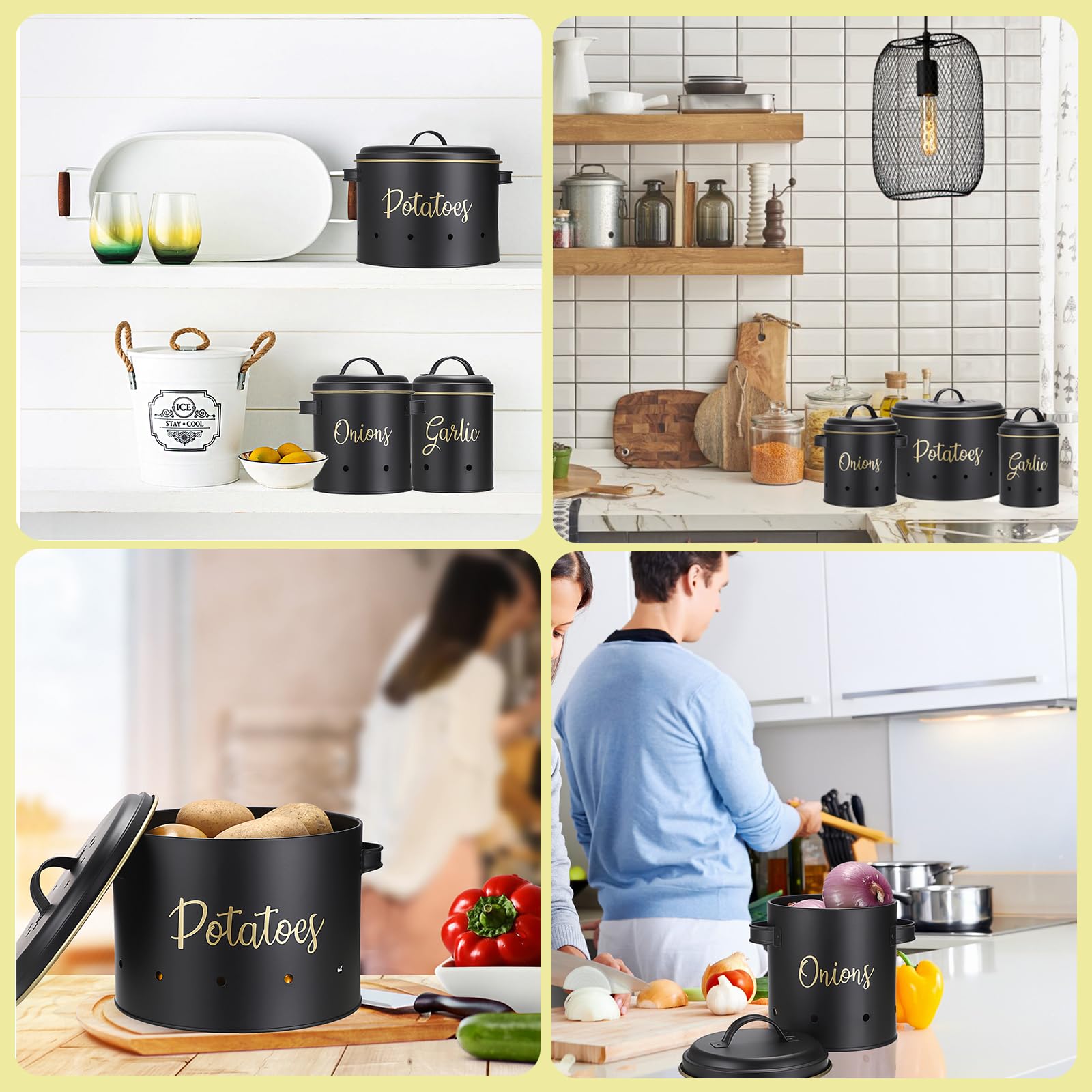 OwnMy Set of 3 Potato Onion Garlic Storage Bins Vegetable Containers Food Containers for Kitchen Counter, Potato Onion Storage Containers for Pantry Garlic Storage Jars Vegetable Canisters Set, Black