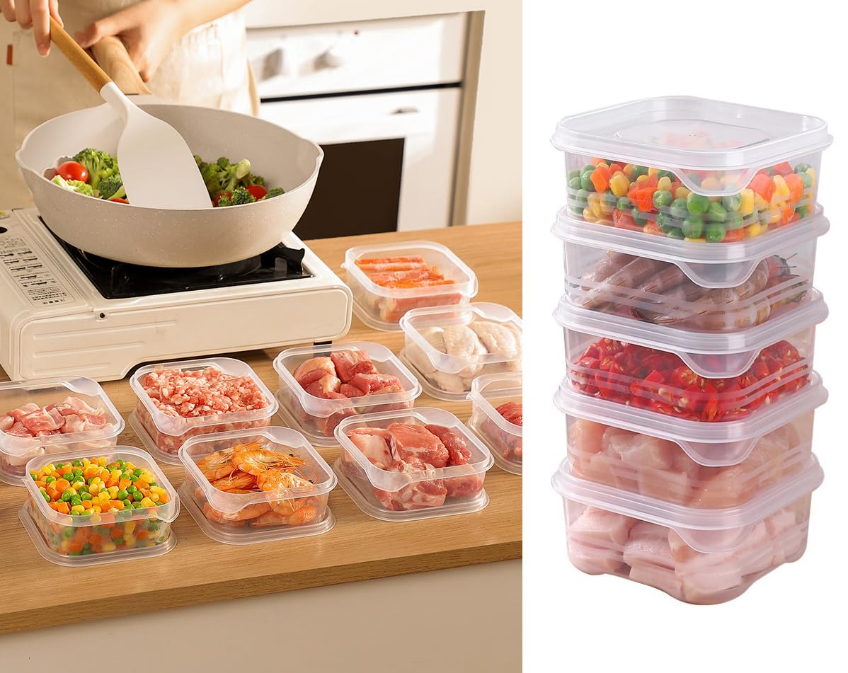 Iwinna Food Storage Containers with Lids, Plastic Fridge Organizer Clear Bins, 350ml Sealed Food Containers, Reusable Takeaway Kitchen Freezer Storage Boxes, 10pcs