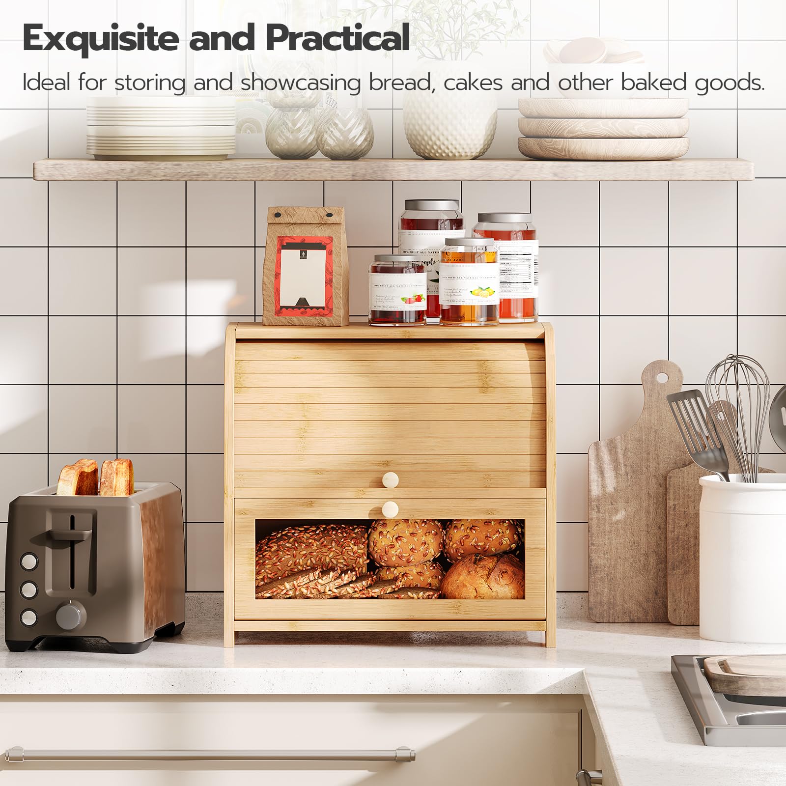 HOOBRO Bread Box, Bamboo Bread Box for Kitchen Countertop, 2 Tier Roll-Top Bread Bin, Food Storage Box, Large Capacity Keeper, Wooden Storage Cabinet, for Kitchen, Dining Room, Natural YL13MB01