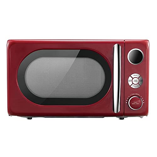 Retro red microwave oven with child safety lock, LED display, chrome handle design, environmental protection mode, 0.7 cubic feet capacity (Red)