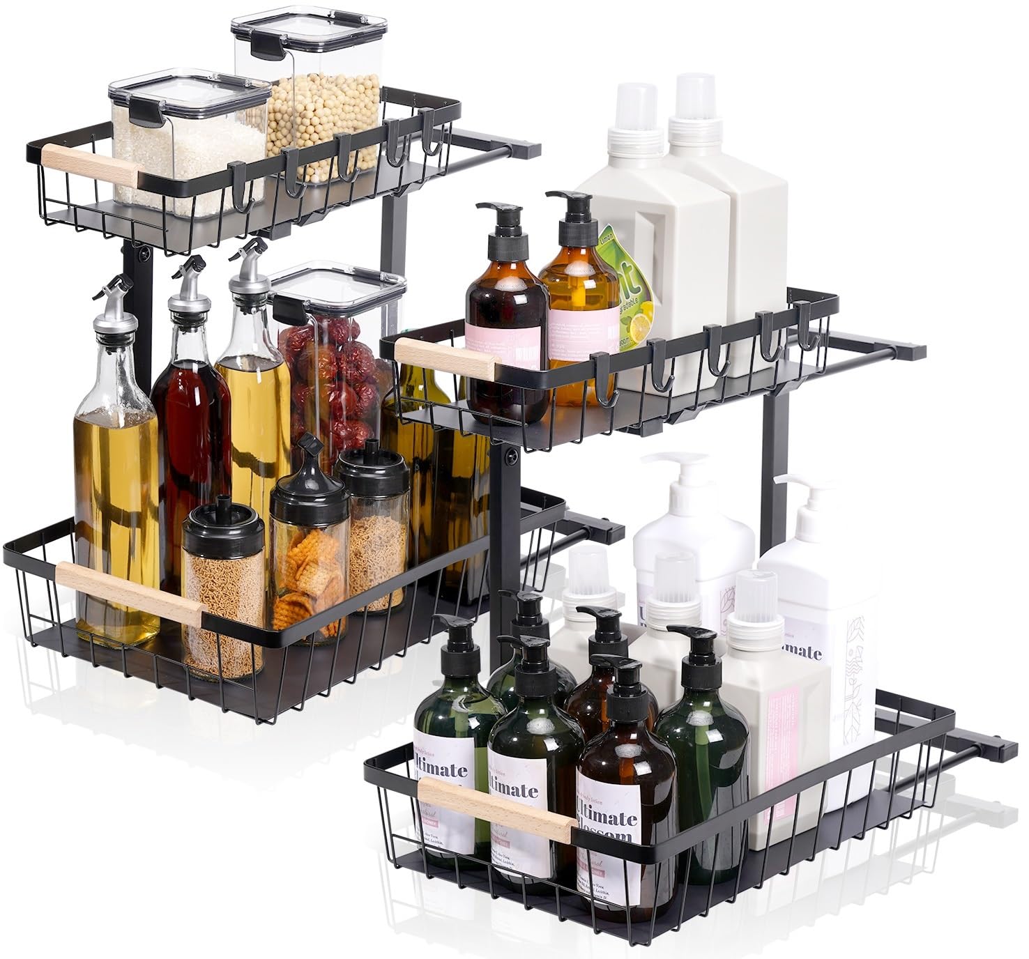 AT1nTen 2 Pack Under Sink Organizer, Sliding Cabinet Basket Organizer 2 Tier Under Bathroom Storage Rack with Hooks, Hanging Cup, Dividers, Multi-purpose Storage Shelf for Bathroom Kitchen, Black
