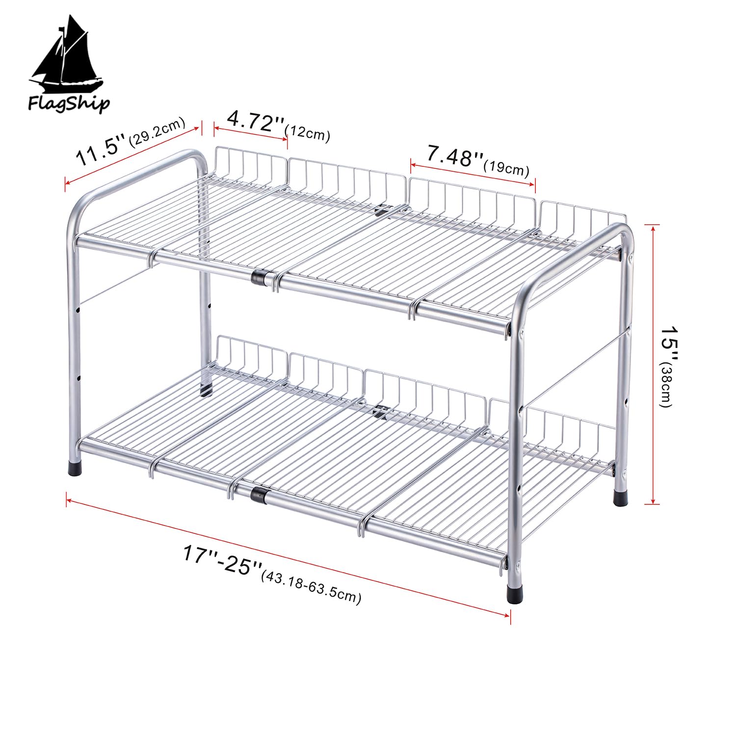 Flagship 2 Tier Under Sink Organizers and Storage Rack Expandable Cabinet Shelf Rack for Kitchen Bathroom Silver (16-25 inches)
